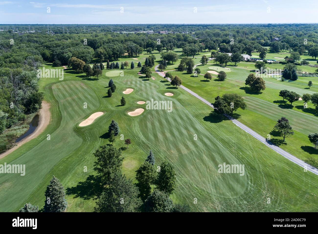 Aerial view of a suburban Chicago golf course with fairways and sand ...