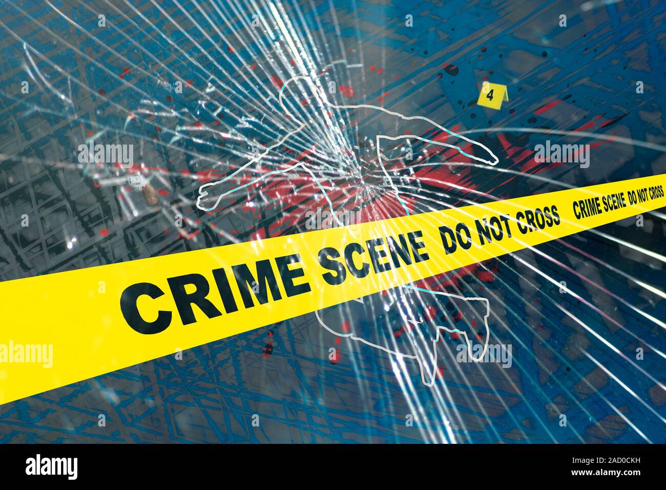 Conceptual illustration of a crime scene with chalk outline, gun and ...