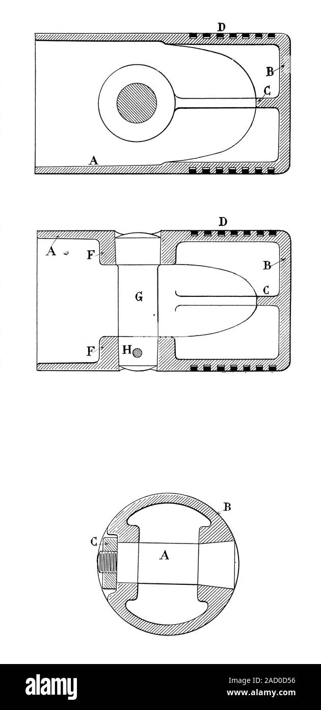 Gas engine piston. Historical illustration of sections through the ...