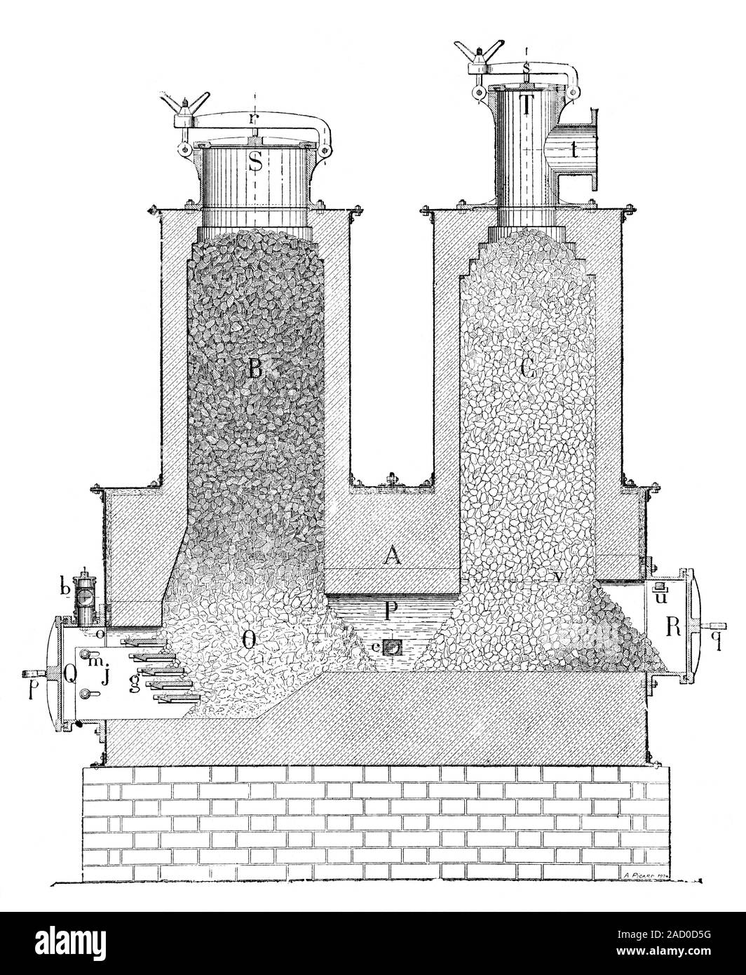 Gasification unit. Historical illustration of a gasification unit (wood ...