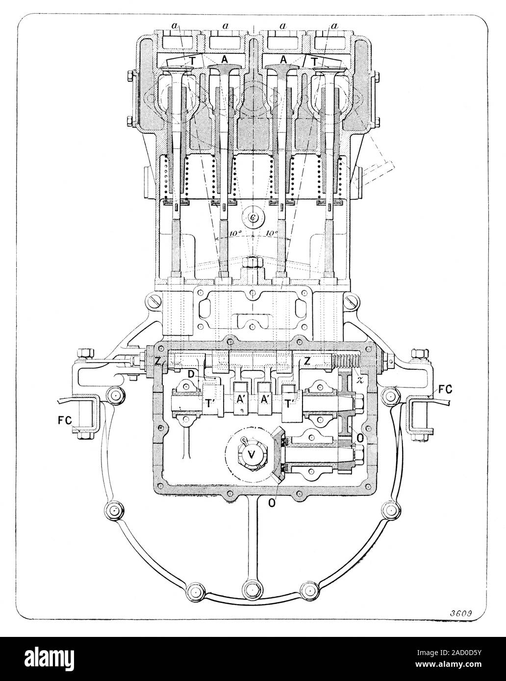 Peugeot car engine. 20th-century illustration of a vertical section ...