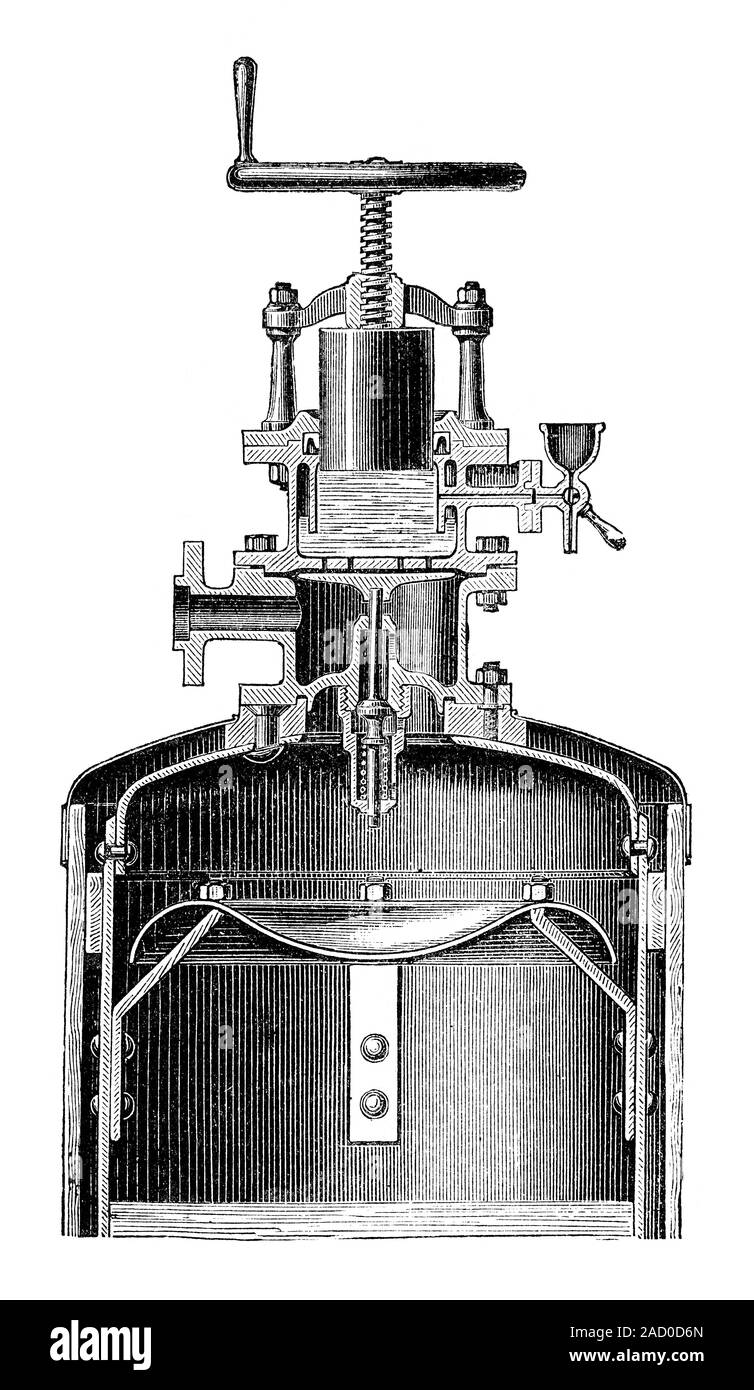 Mekarsky compressed air engine. Historical illustration of a vertical ...