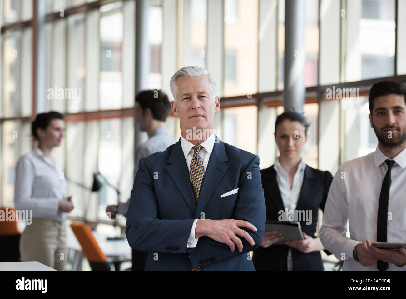 portrait of senior Businessman as leader with group of people in ...
