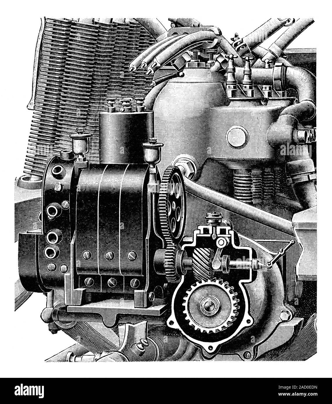 Car engine and magneto. Historical illustration of a magneto (lower ...