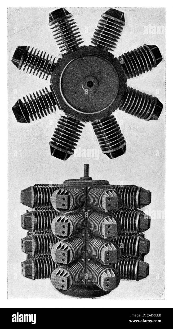 Forest 32-cylinder aviation engine. 19th-century illustration of the ...