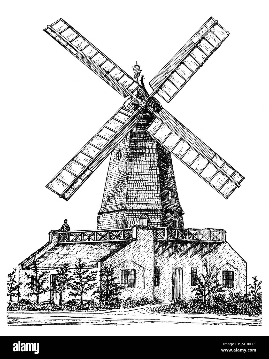 Windmill. 19th-century illustration of a windmill to a design pioneered ...