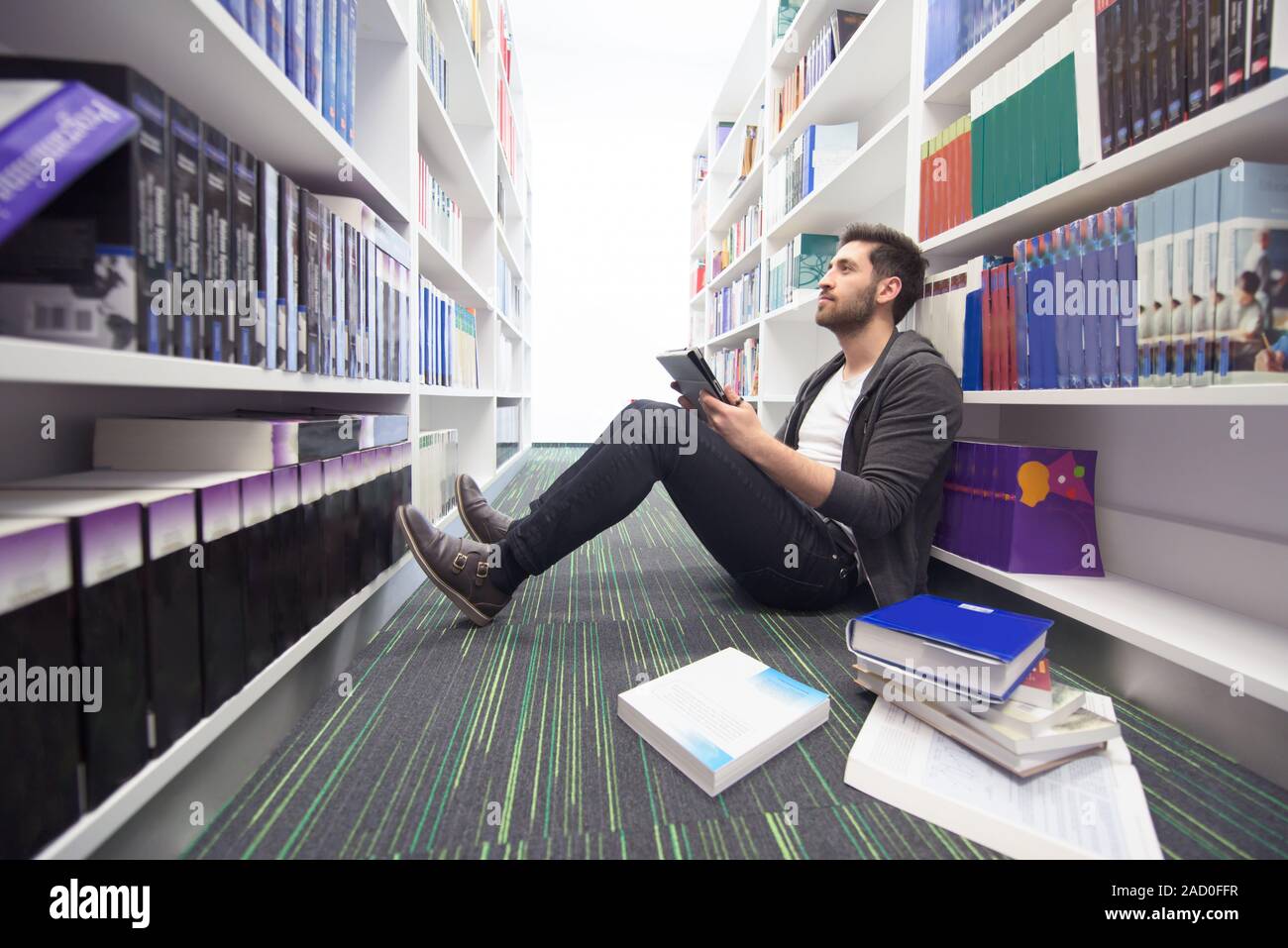 student study in school library Stock Photo - Alamy