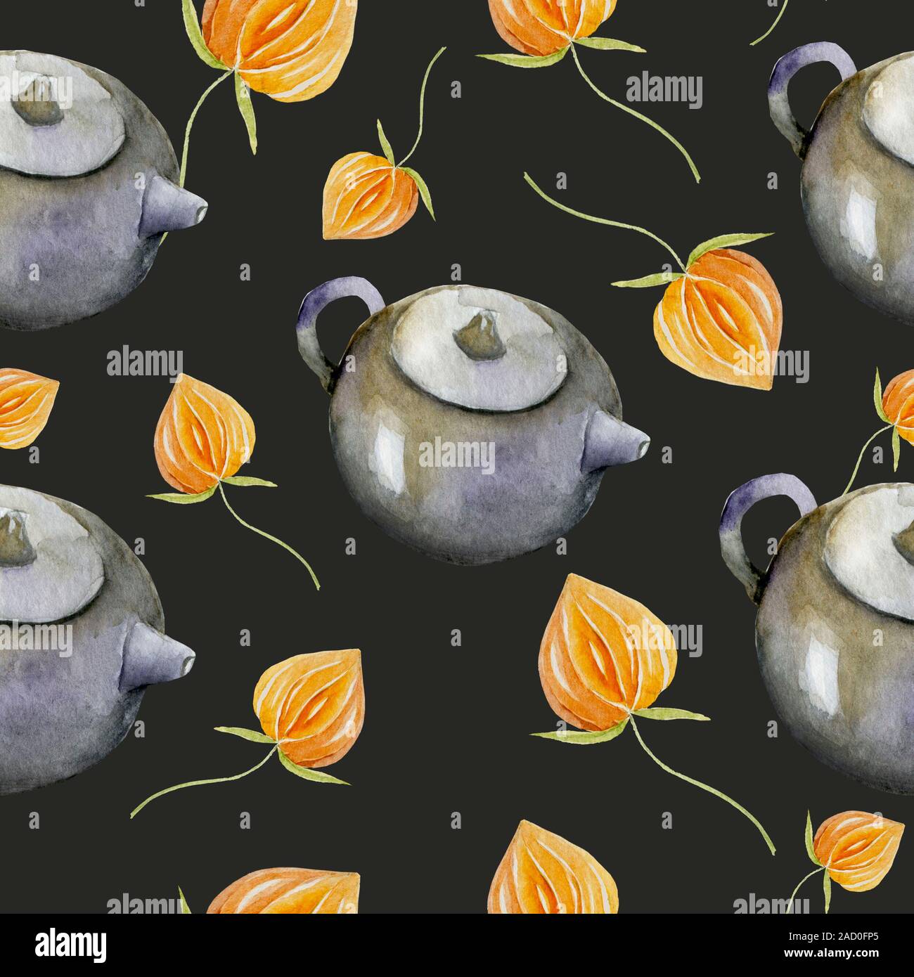 Seamless pattern with chinese tea, teapot, cups, moon cakes, flower for ...