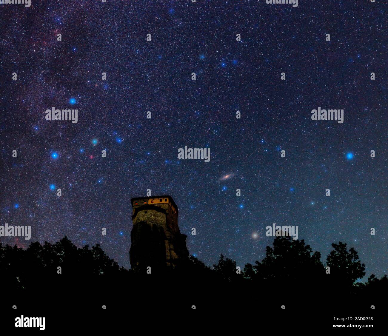 Night sky over Meteora, Greece. View of stars in the night sky over the ...