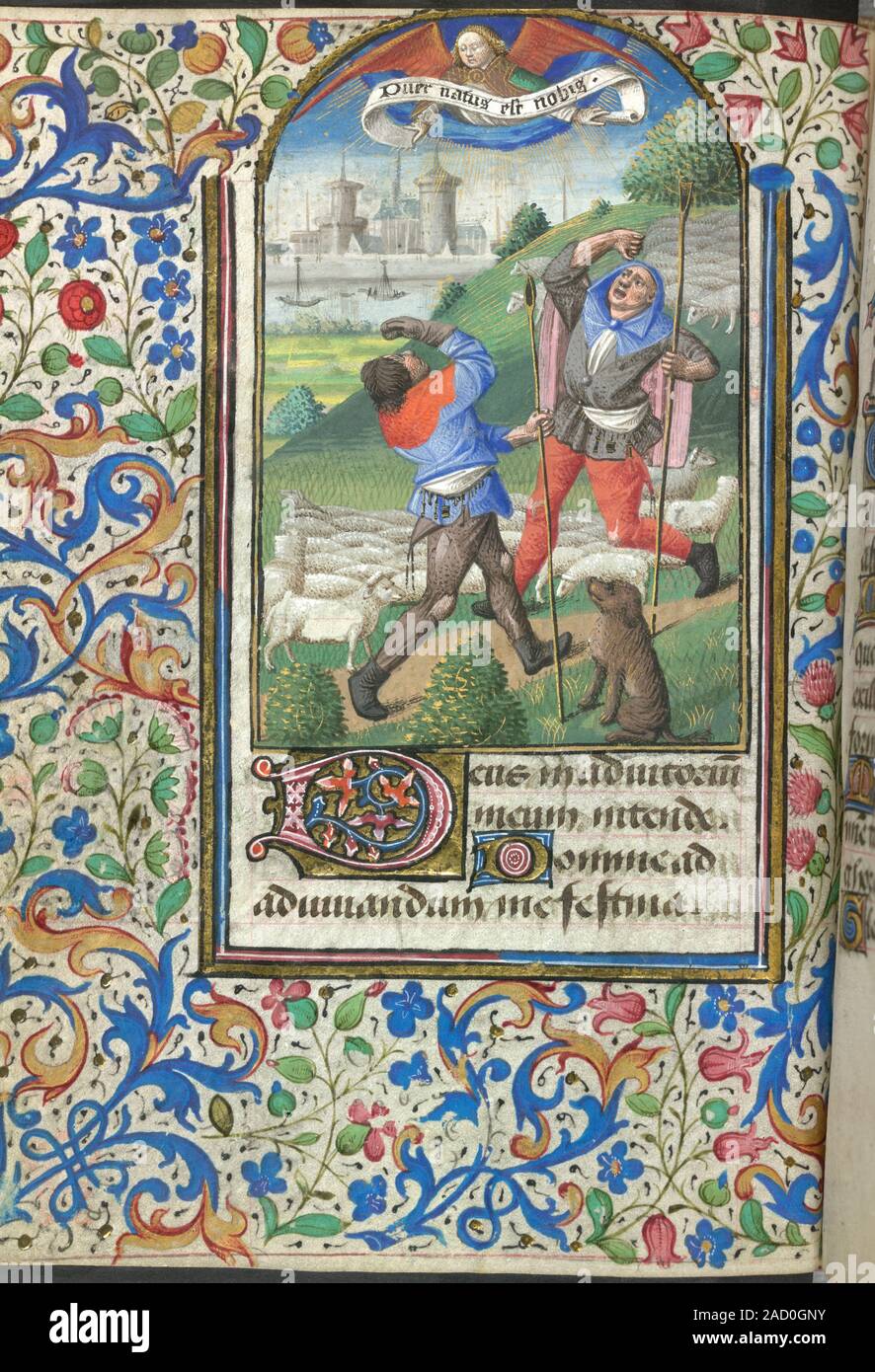 Annunciation to the shepherds Miniature and text Office of the Virgin ...