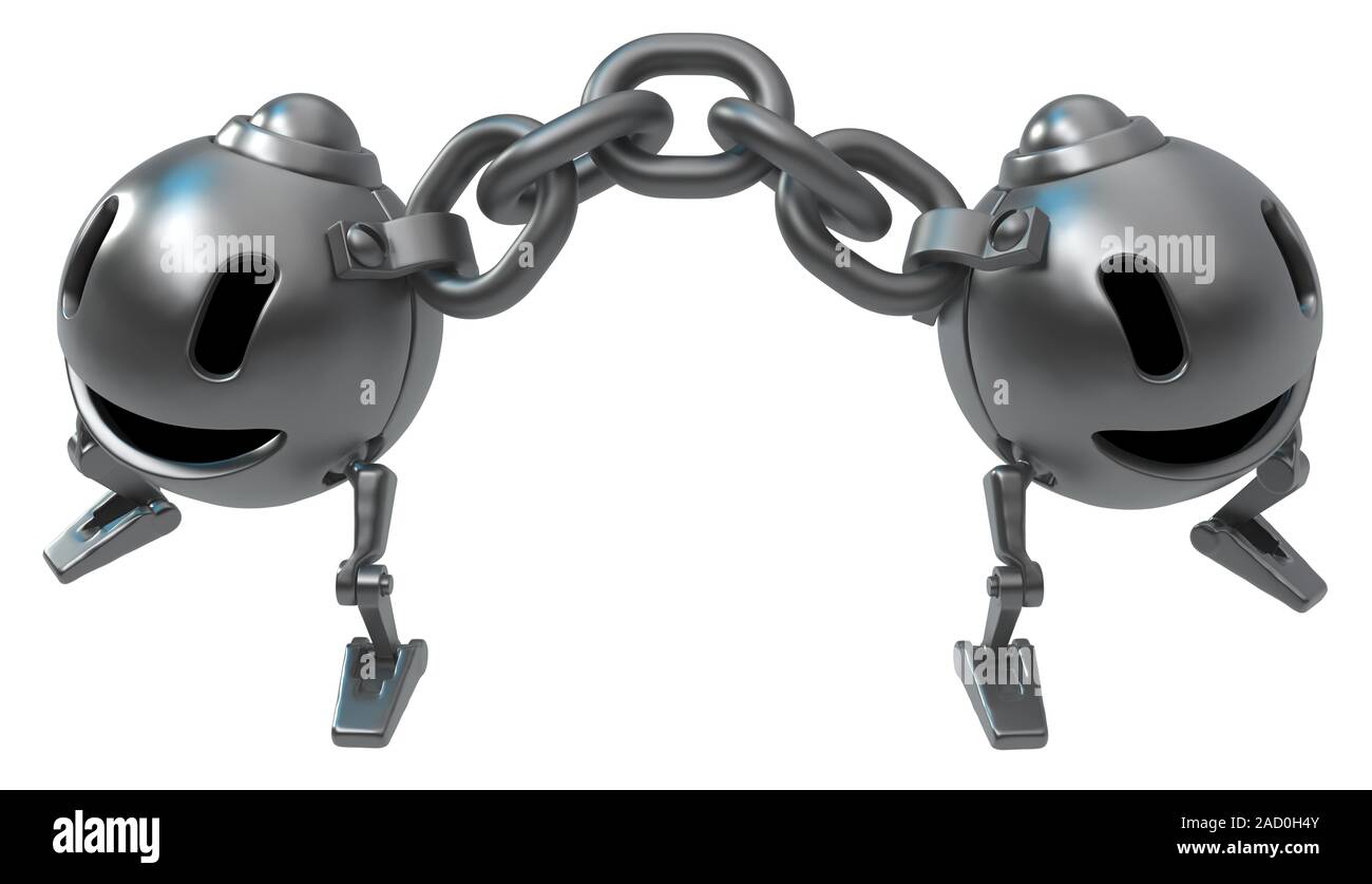 Ball robot happy cartoon characters with chain linking two, 3d ...