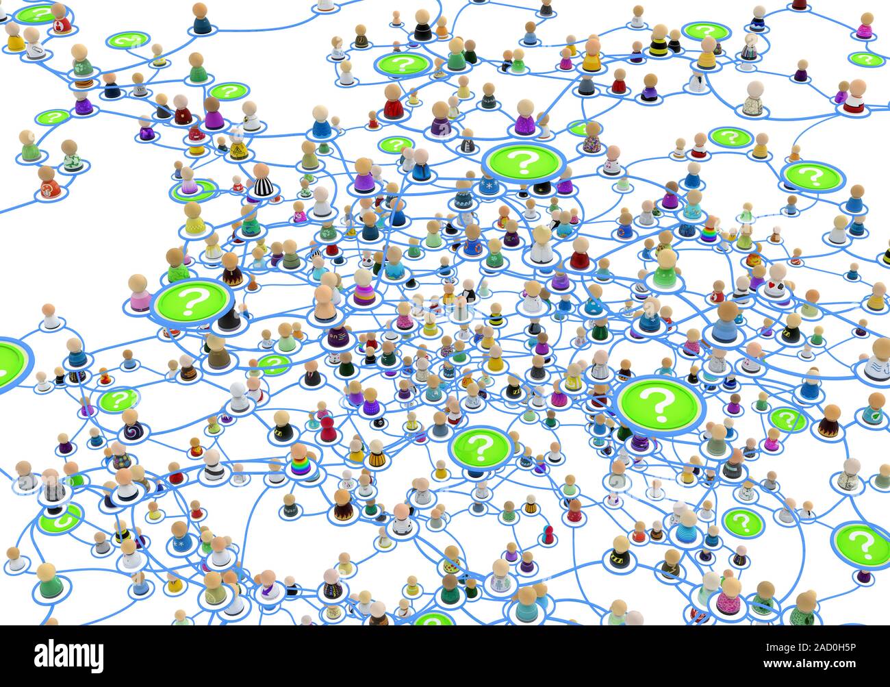 Crowd of small symbolic 3d figures linked by lines, question node ... Crowd of small symbolic 3d figures linked by lines, question node ...