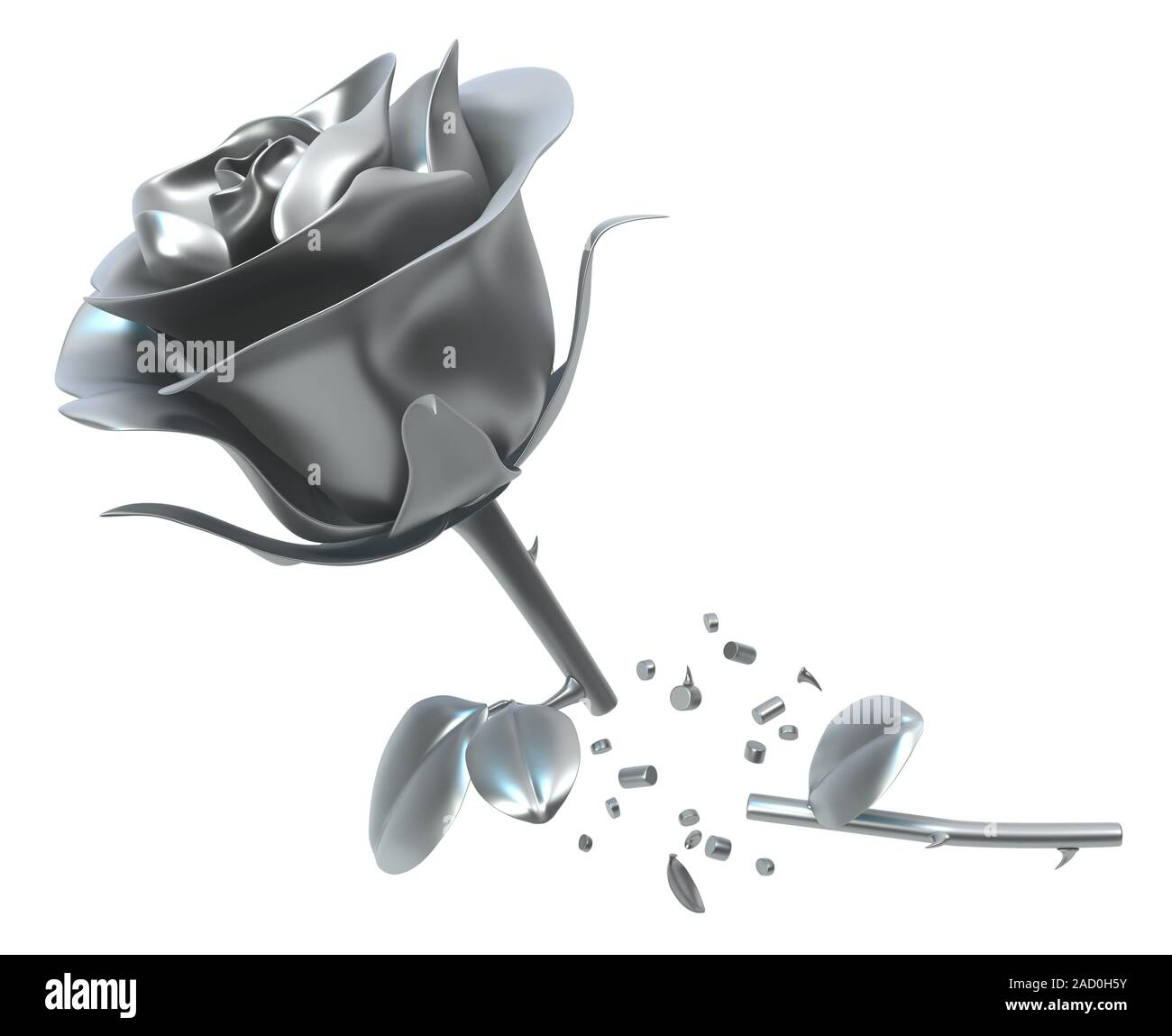 Rose metal breaking stem 3d illustration, isolated, horizontal, over ...