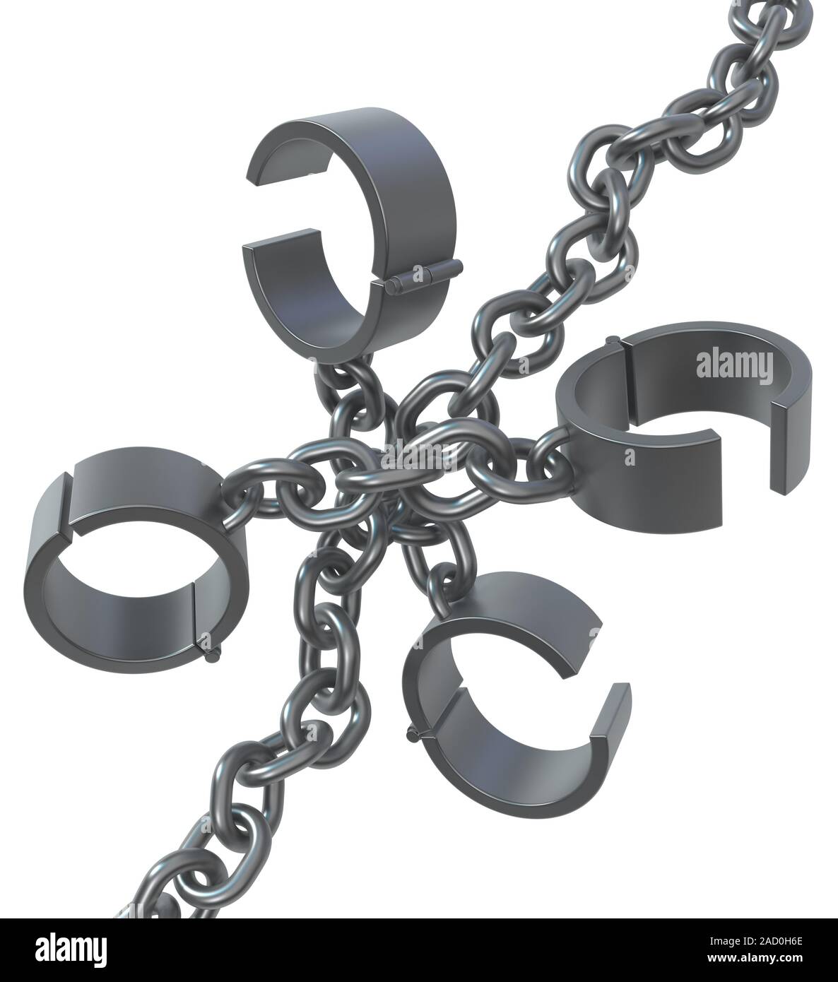 Shackles chain two pairs link grey metal 3d illustration, isolated ...