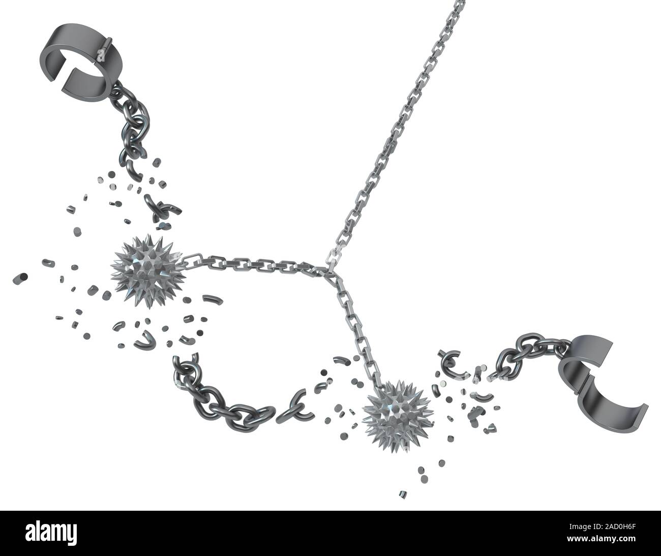 Shackles breaking chain wrecking ball two points, grey metal 3d ...