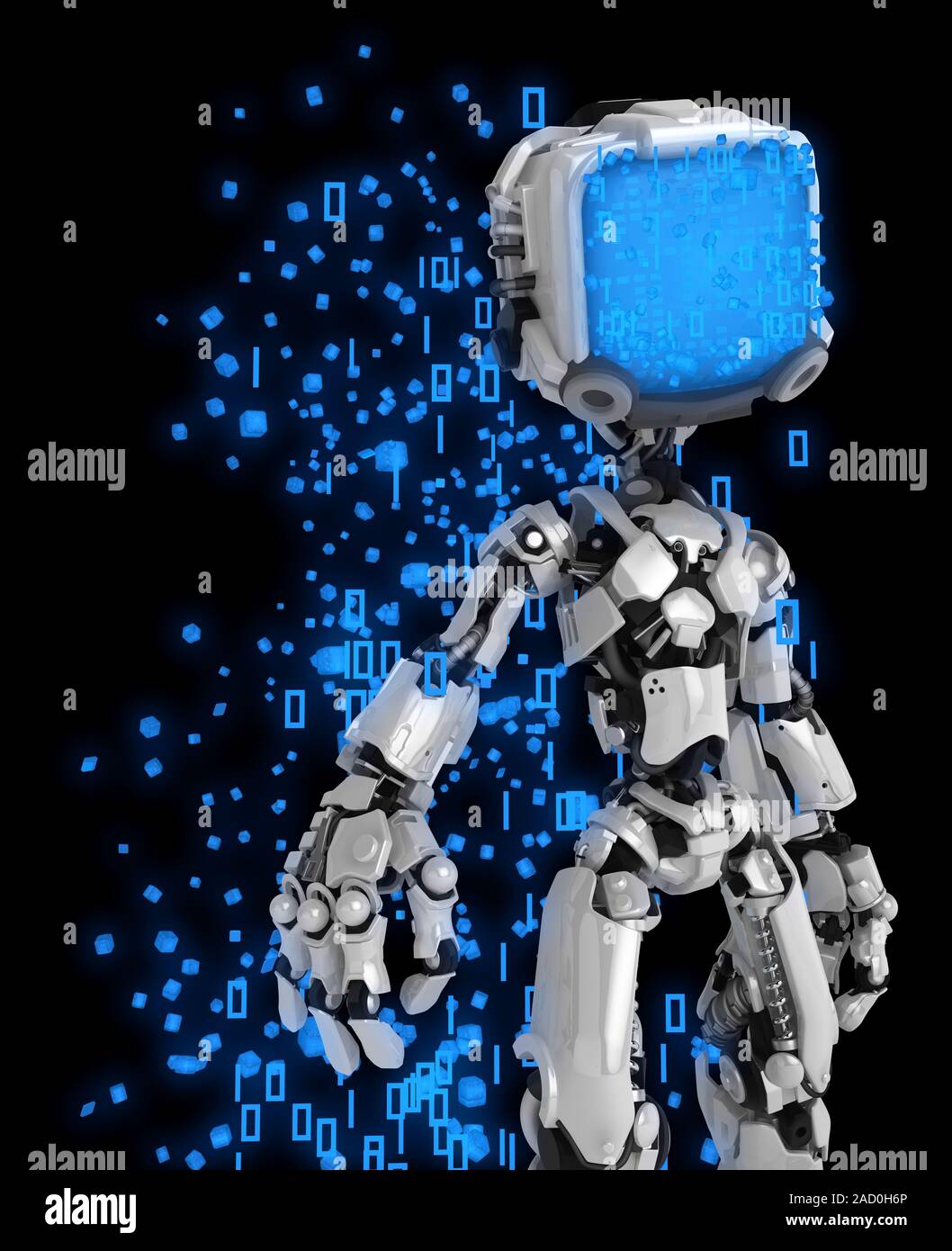 Screen robot figure character data glowing trace in dark, 3d ...