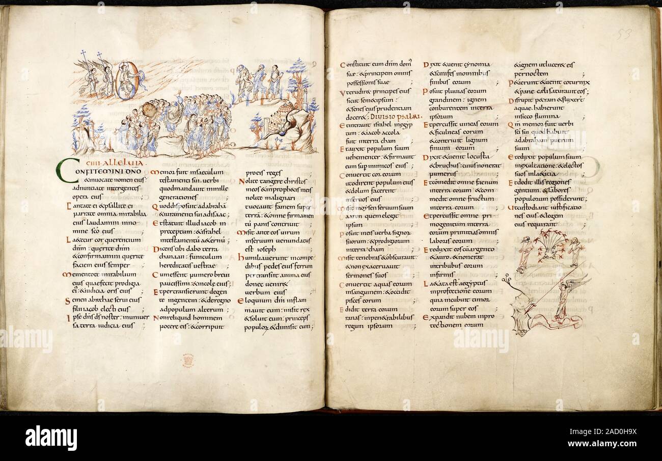 Double-page spread from Harley Psalter with pen drawings, Psalter, in ...
