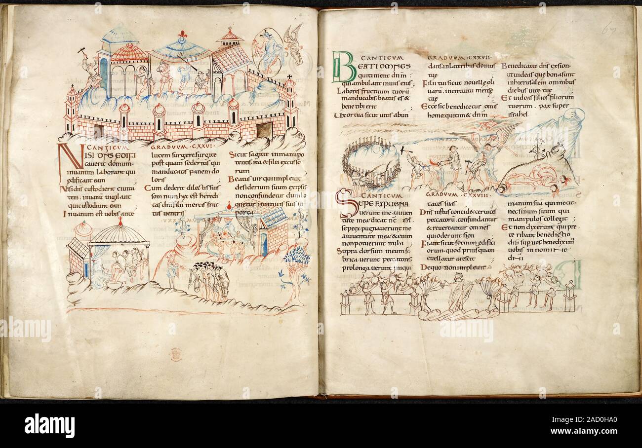 Double-page spread from Harley Psalter with pen drawings, Psalter, in ...