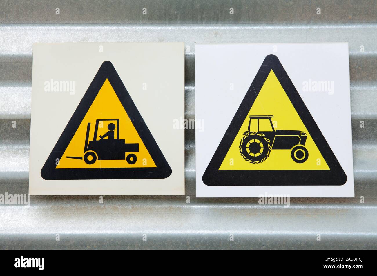 Warning signs on a farm. Signs warning of the presence of forklift ...