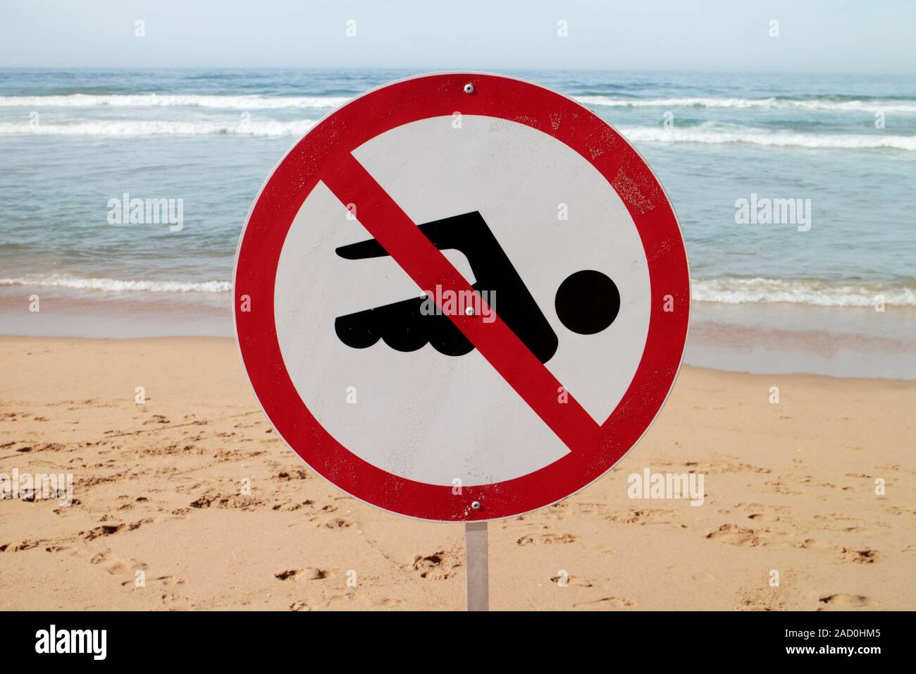No swimming sign on a beach. Photographed in Ballito, Kwa-Zulu Natal ...
