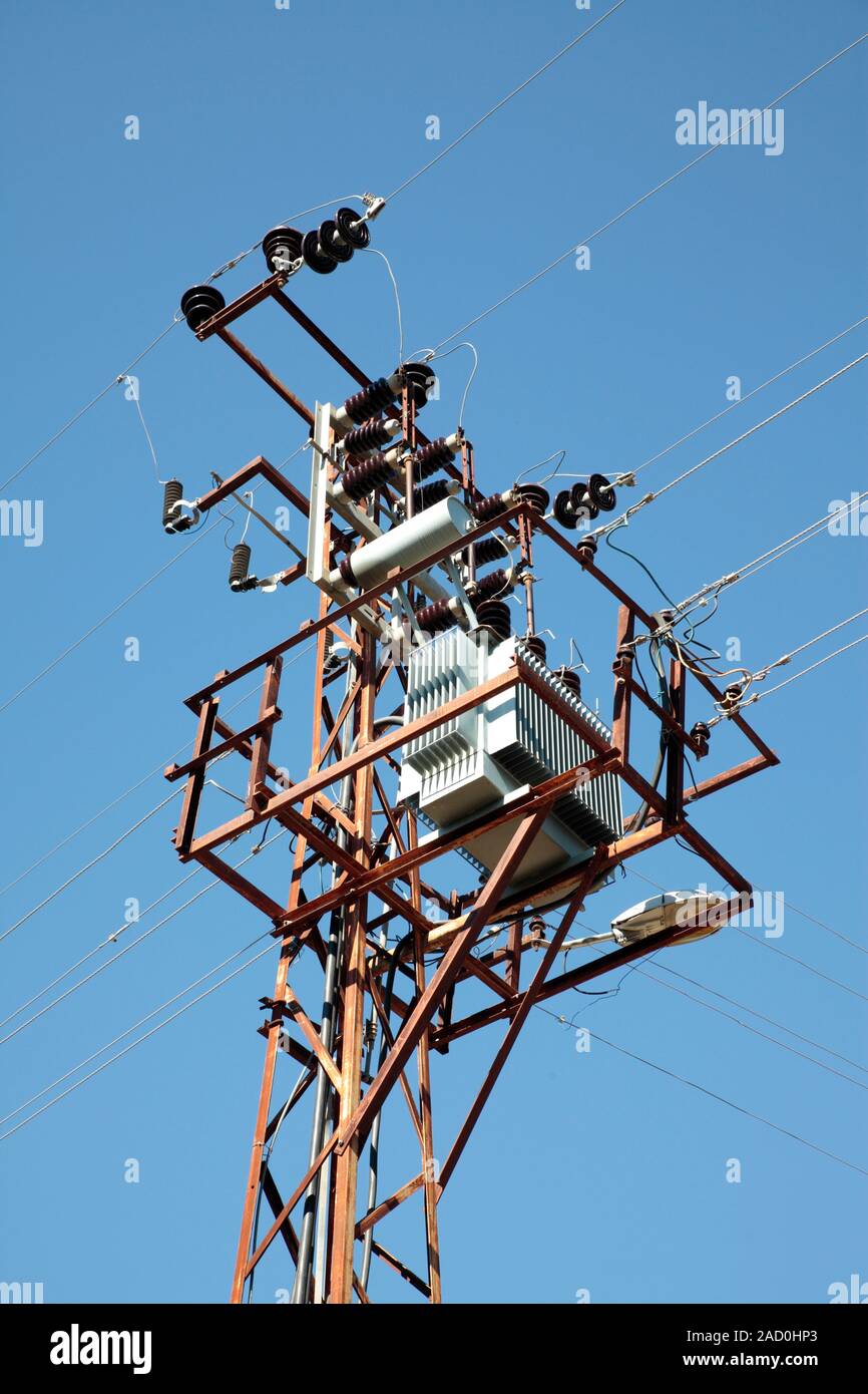 Power lines. Transformer and power lines on a pylon. Photographed in ...