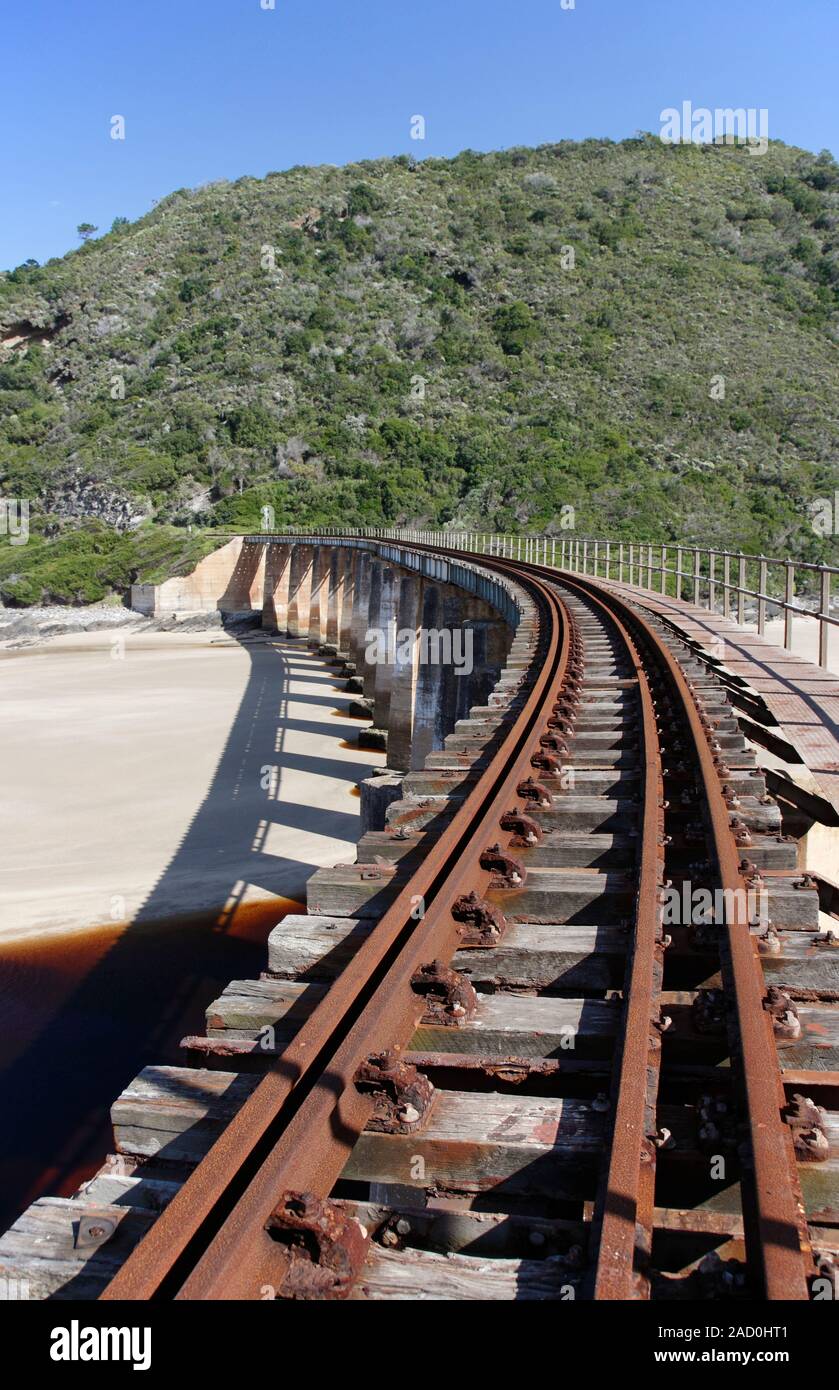 Kaaimans River rail bridge. View along the disused tracks of the rail ...
