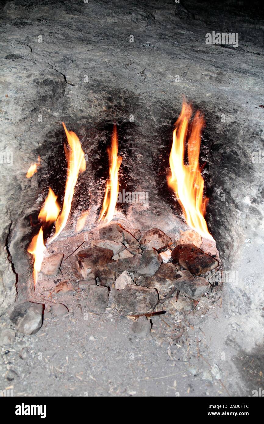 Chimera flames. Flame of burning methane on Mount Chimera near Cirali ...