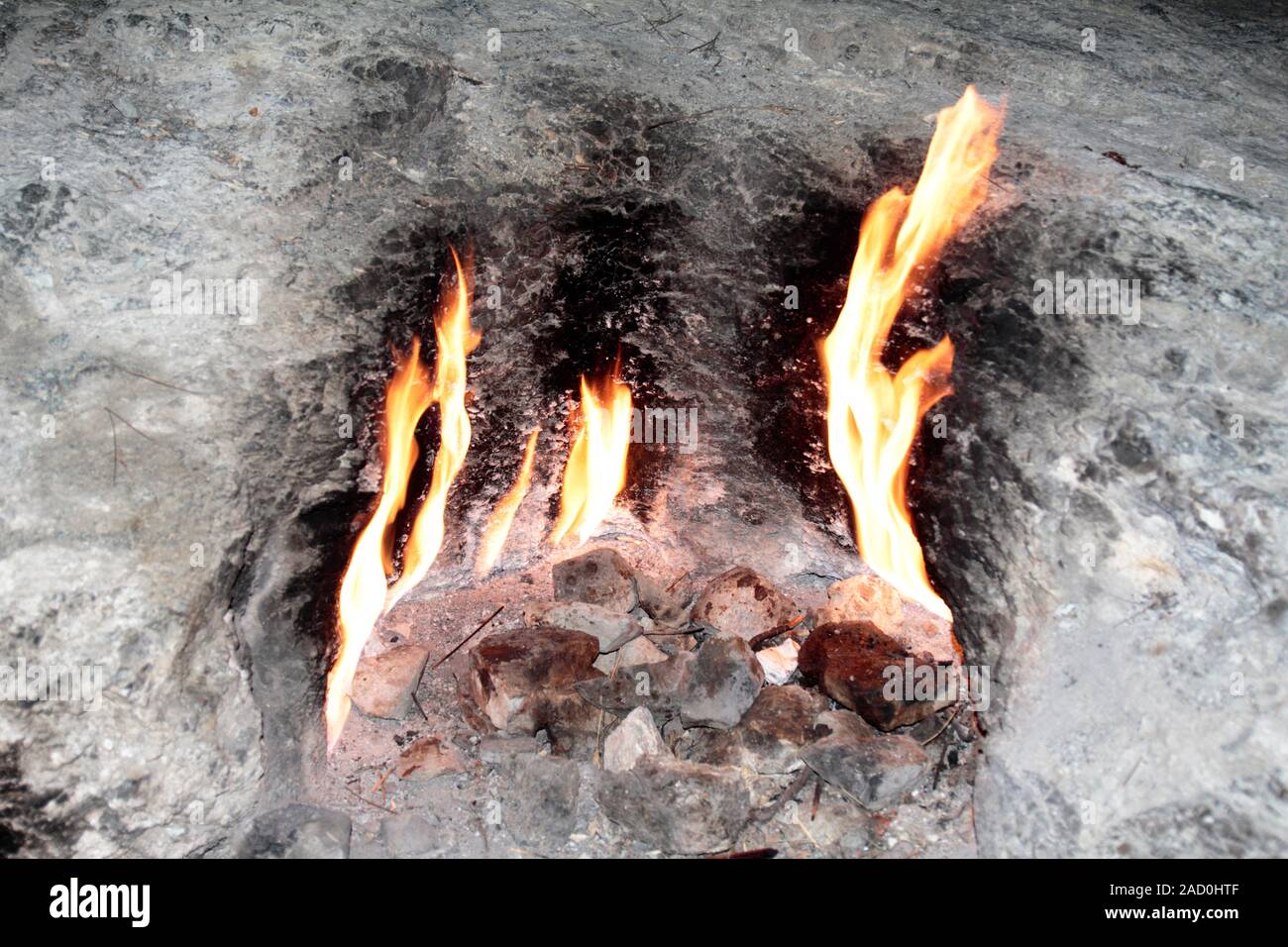 Chimera flames. Flame of burning methane on Mount Chimera near Cirali ...