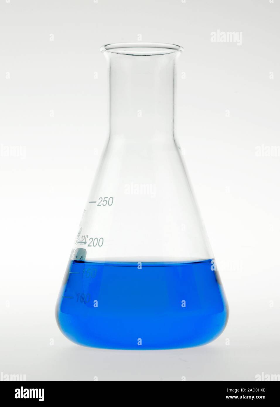 Lab equipment. Conical measuring flask with blue liquid Stock Photo - Alamy