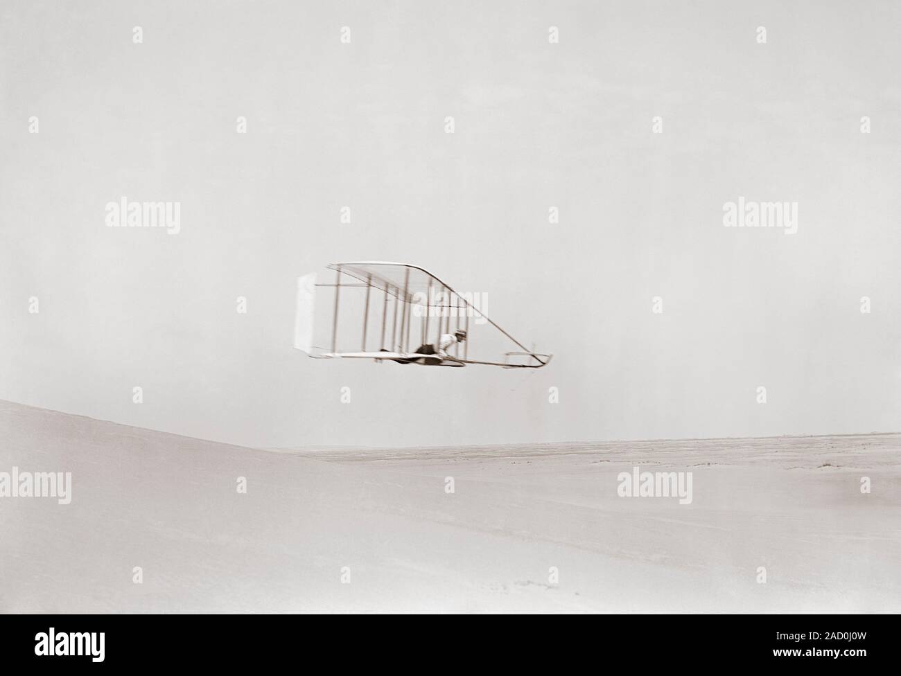 Wright brothers Kitty Hawk glider. Test flight by US aviation pioneer ...