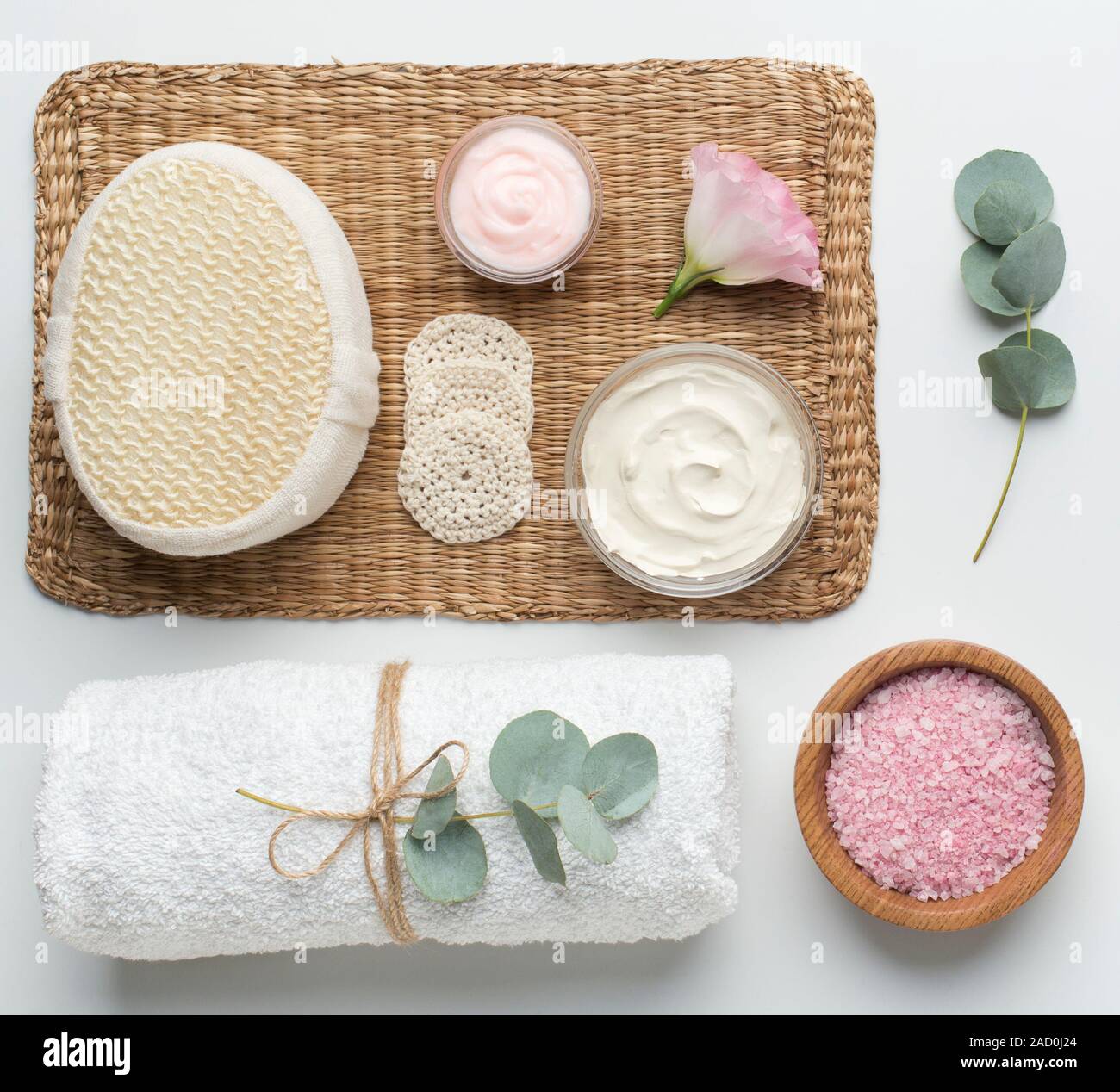 Eco friendly spa products with organic materials on white Stock Photo ...