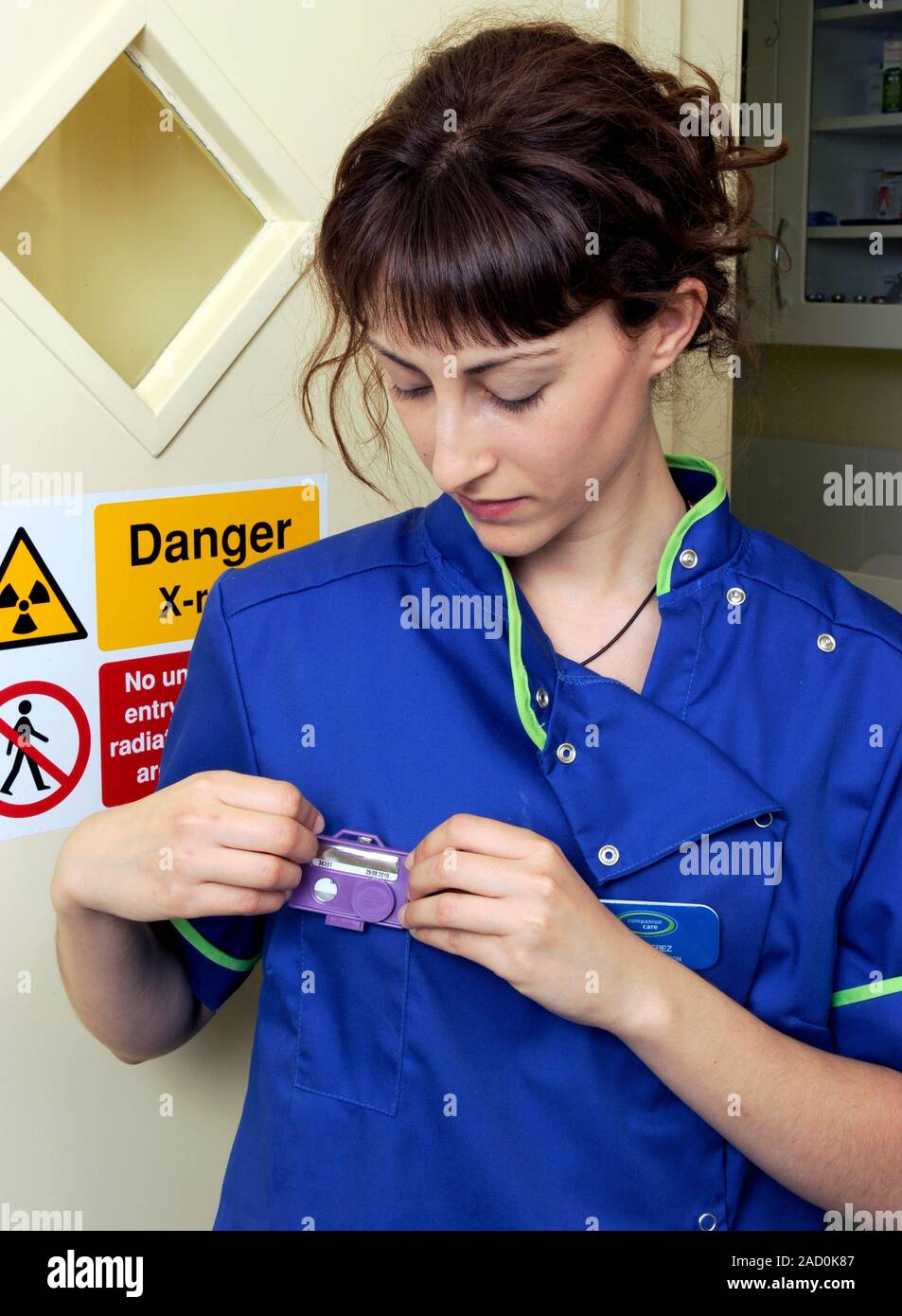 Medical radiation dosimetry. Veterinary surgeon wearing a dosimeter ...