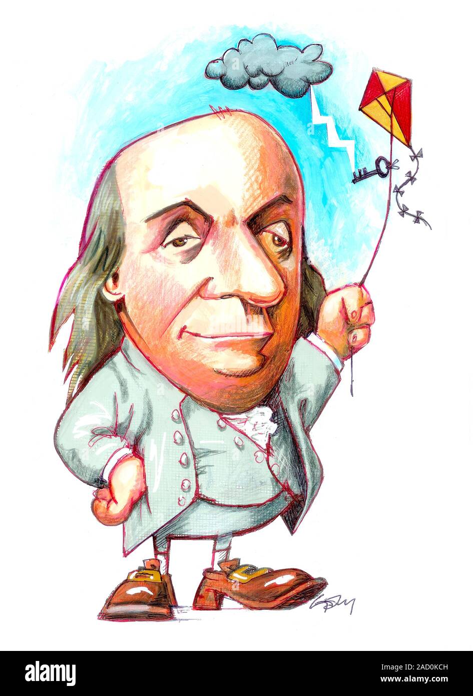 Caricature of the US scientist, inventor and statesman Benjamin ...