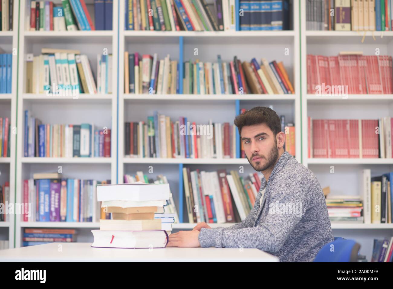 portrait of student while reading book in school library Stock Photo ...
