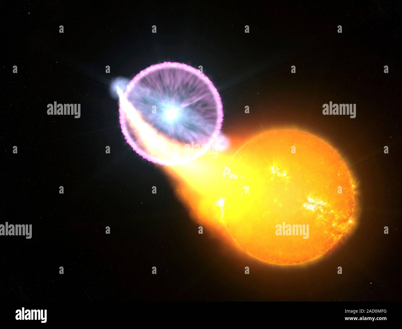 Binary star system nova. Illustration of a binary star system producing ...