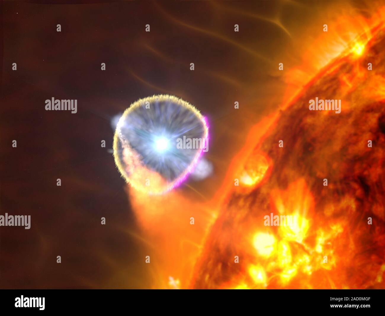 Binary star system nova. Illustration of the white dwarf star (centre ...