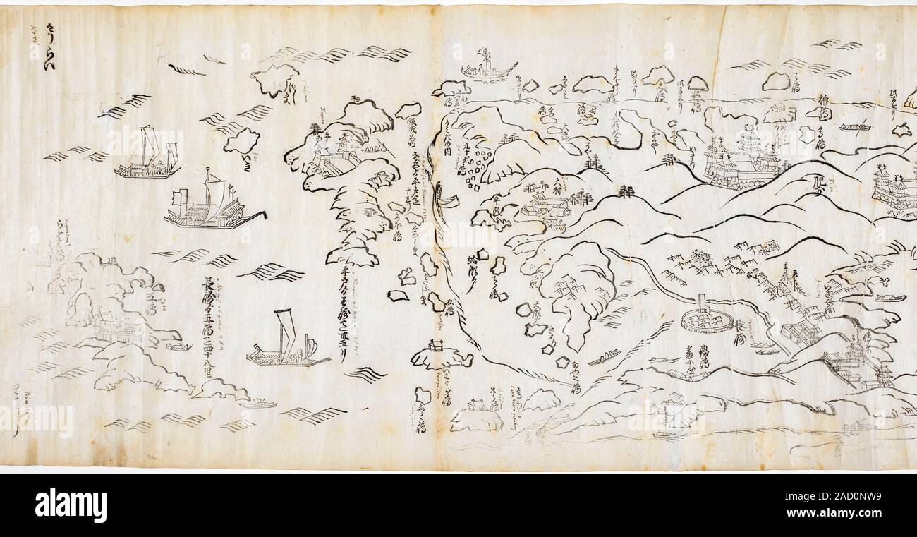 Sea route in Japan. 17th-century map from a scroll showing part of the ...