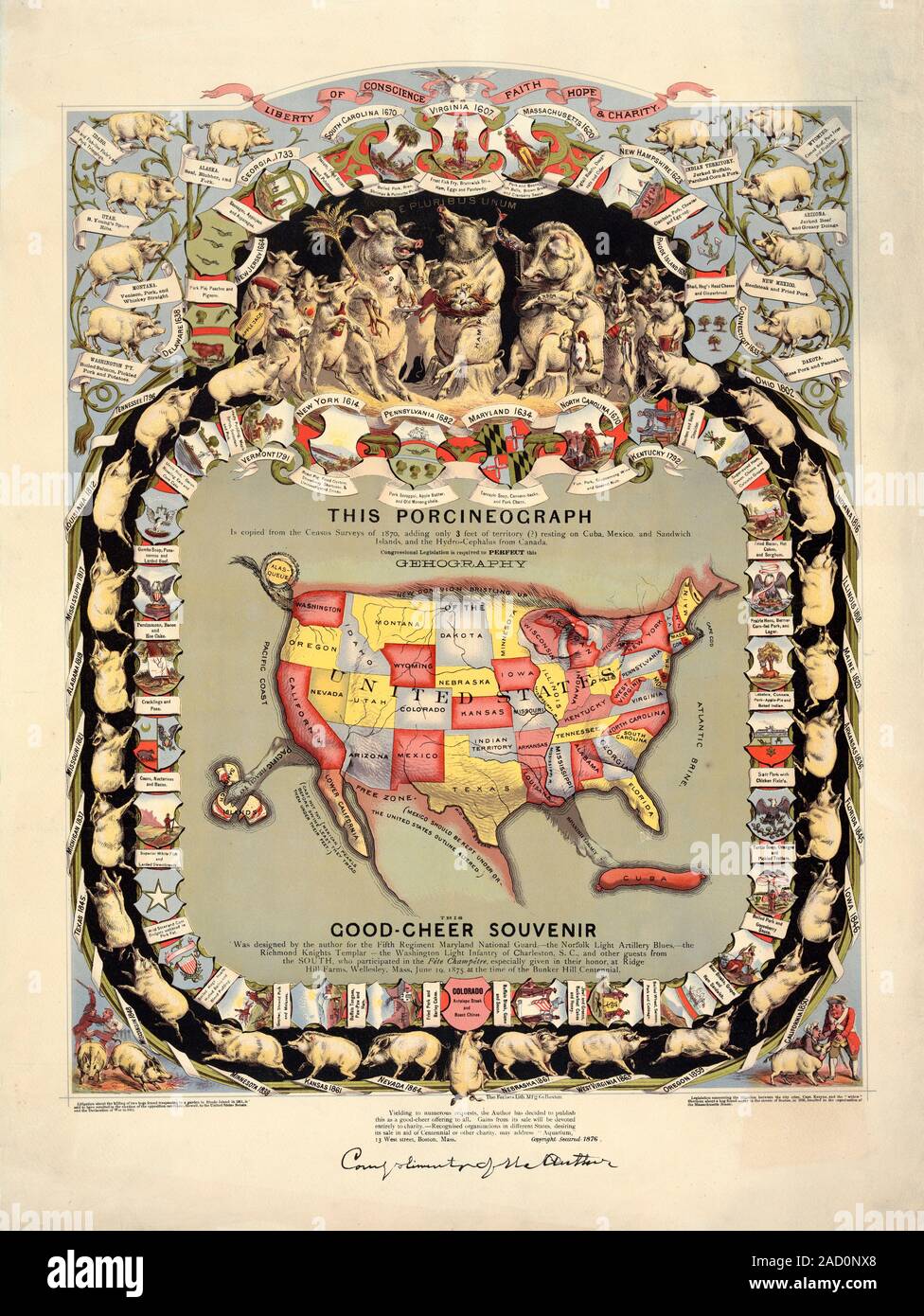 Pig-shaped map of the USA. 19th-century pig-shaped map ('porcineograph ...