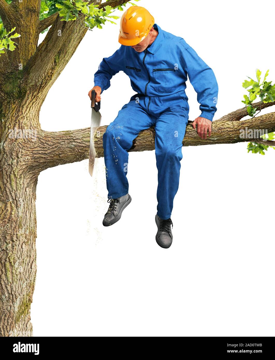 Workplace safety. Conceptual image of a man sitting on a tree branch as ...