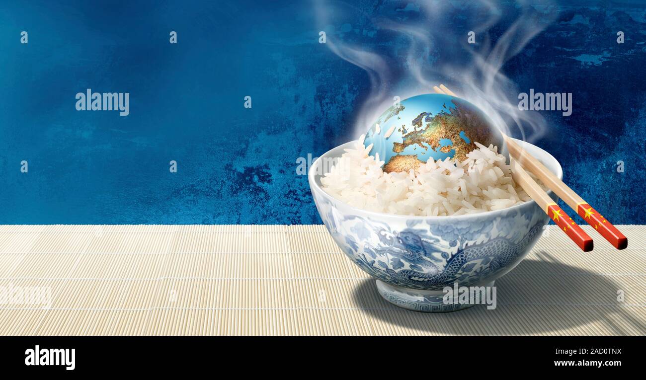 European rice bowl. Conceptual image of an Earth globe (centred on ...