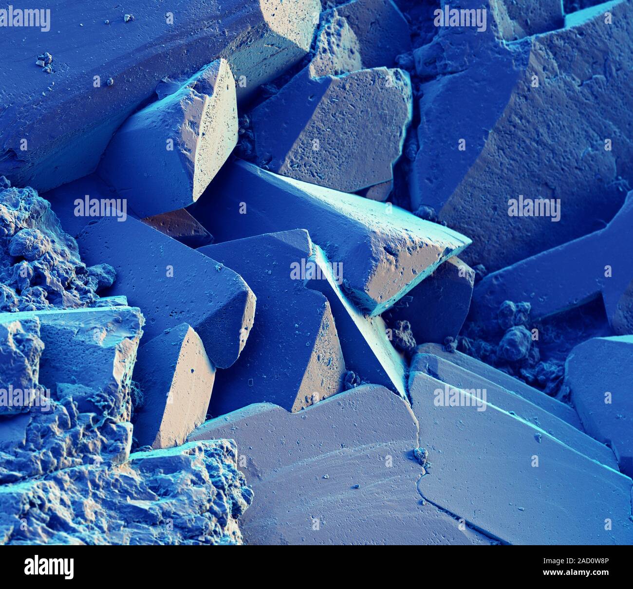Azurite crystals, coloured scanning electron micrograph (SEM). Azurite ...