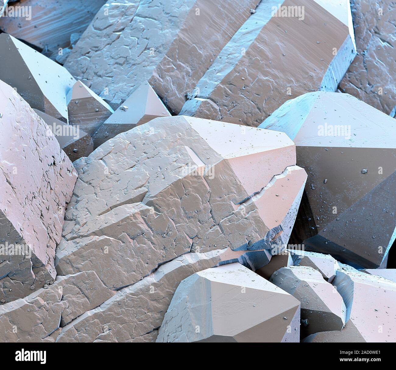 Quartz crystals, coloured scanning electron micrograph (SEM). This ...