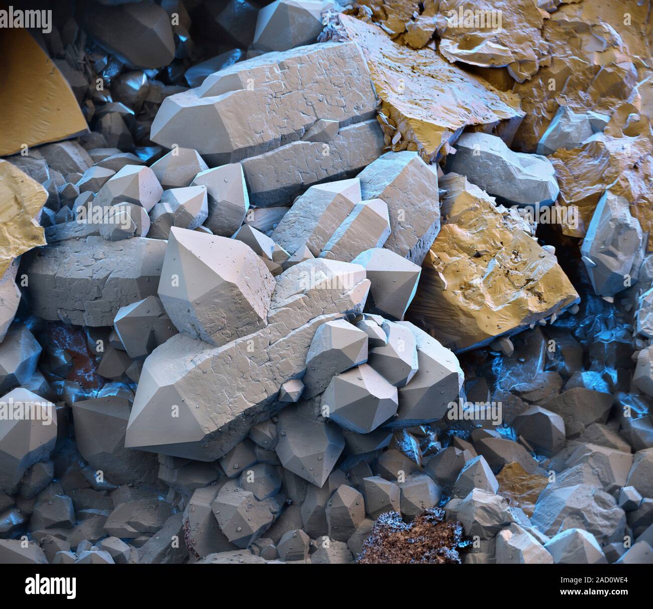 Quartz crystals, coloured scanning electron micrograph (SEM). This ...