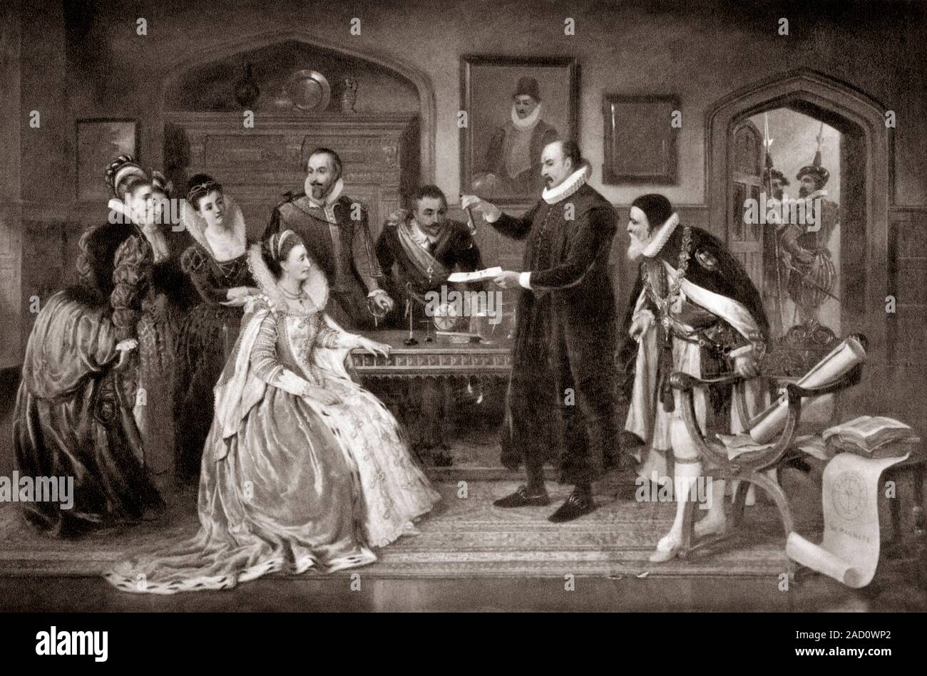 Gilbert shows electricity to Elizabeth I. 20th-century artwork showing ...