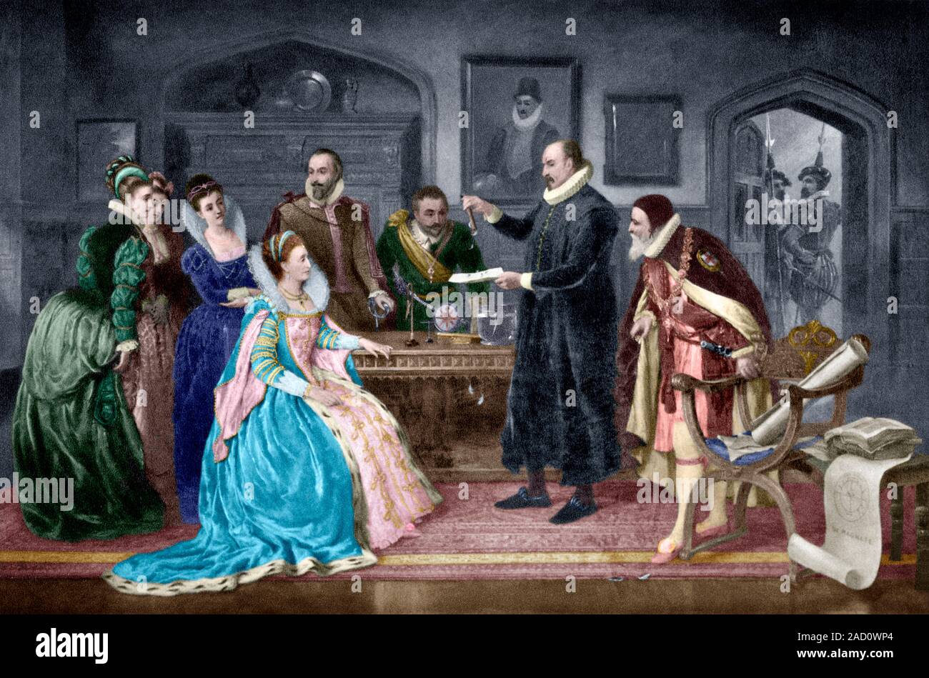 Gilbert shows electricity to Elizabeth I. 20th-century artwork showing ...
