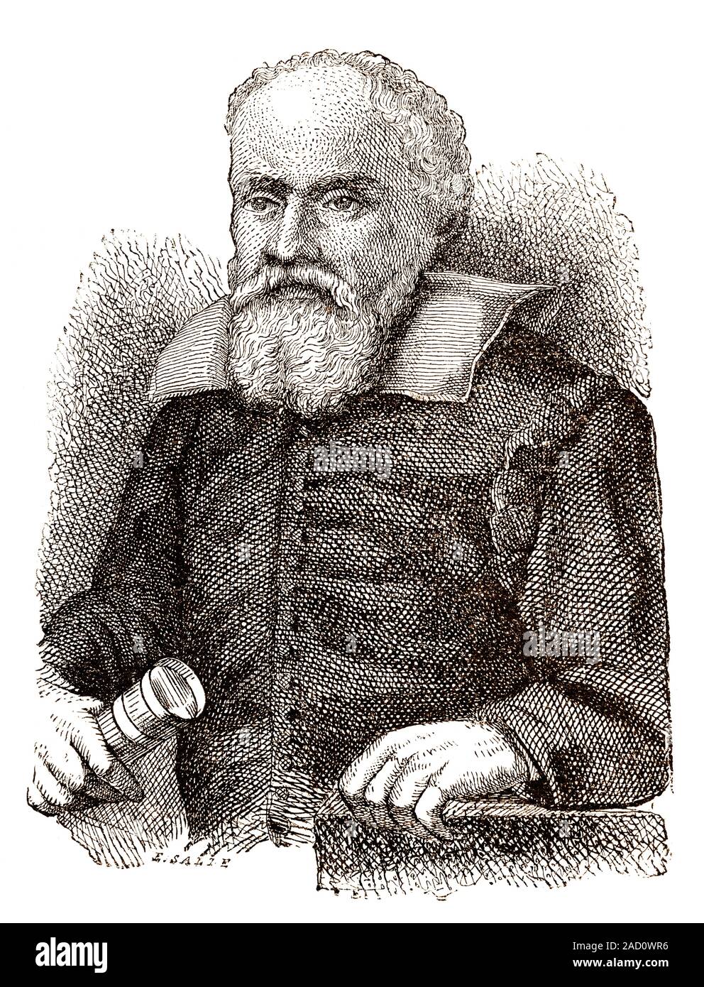 Galileo Galilei (1564-1642), Italian astronomer and scientist, holding ...