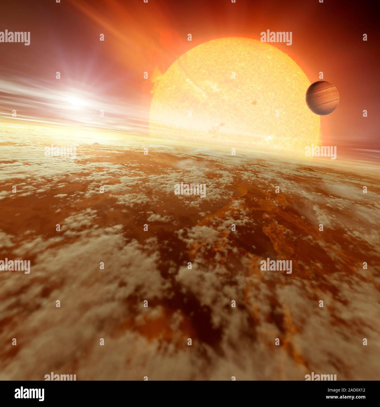 Binary star system. Computer illustration of a view across the outer ...