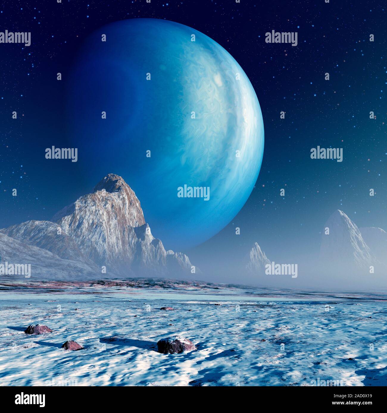 Alien planetary system. Computer illustration of a view across the ...