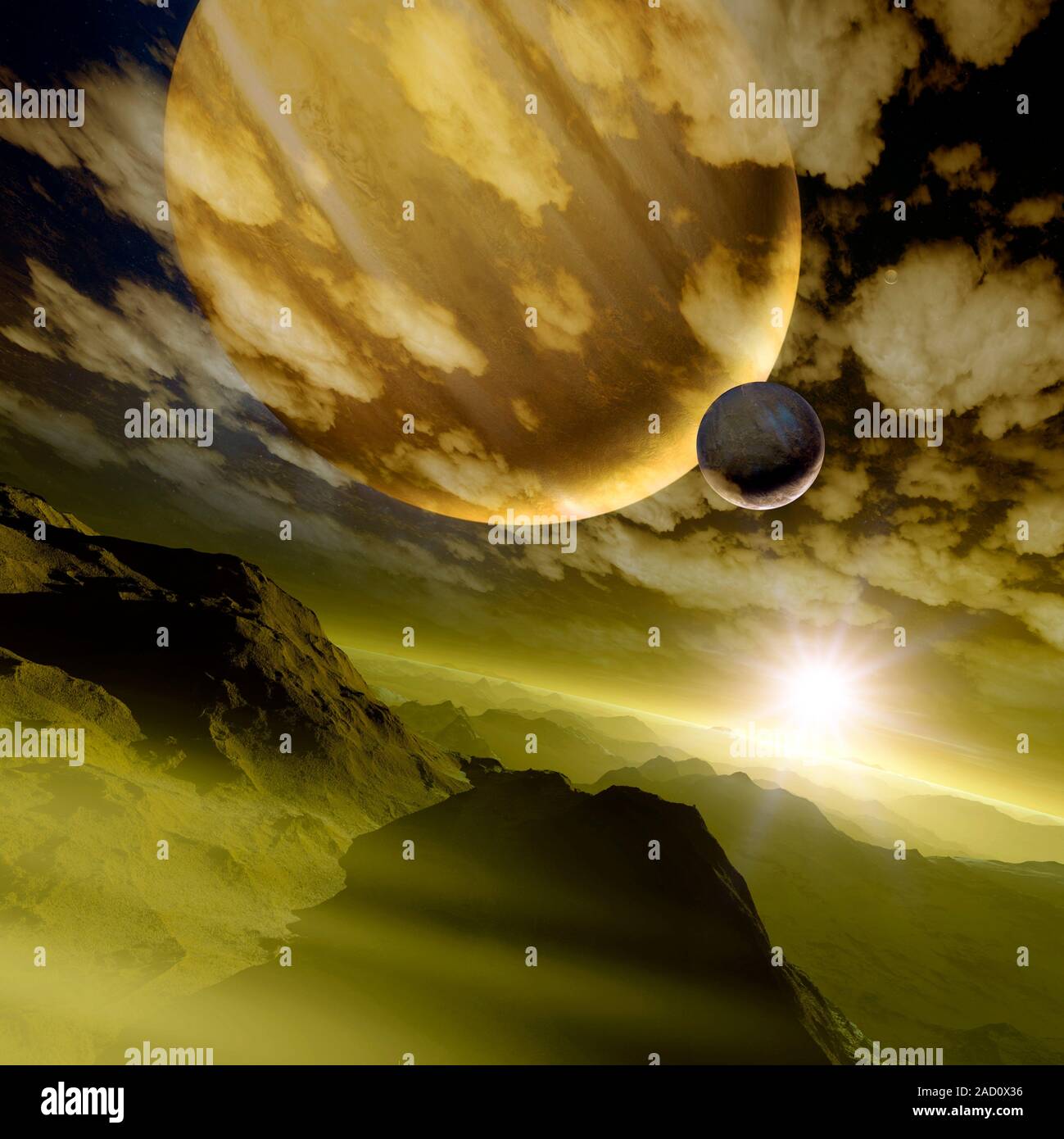 Alien planetary system. Computer illustration of a view across the ...