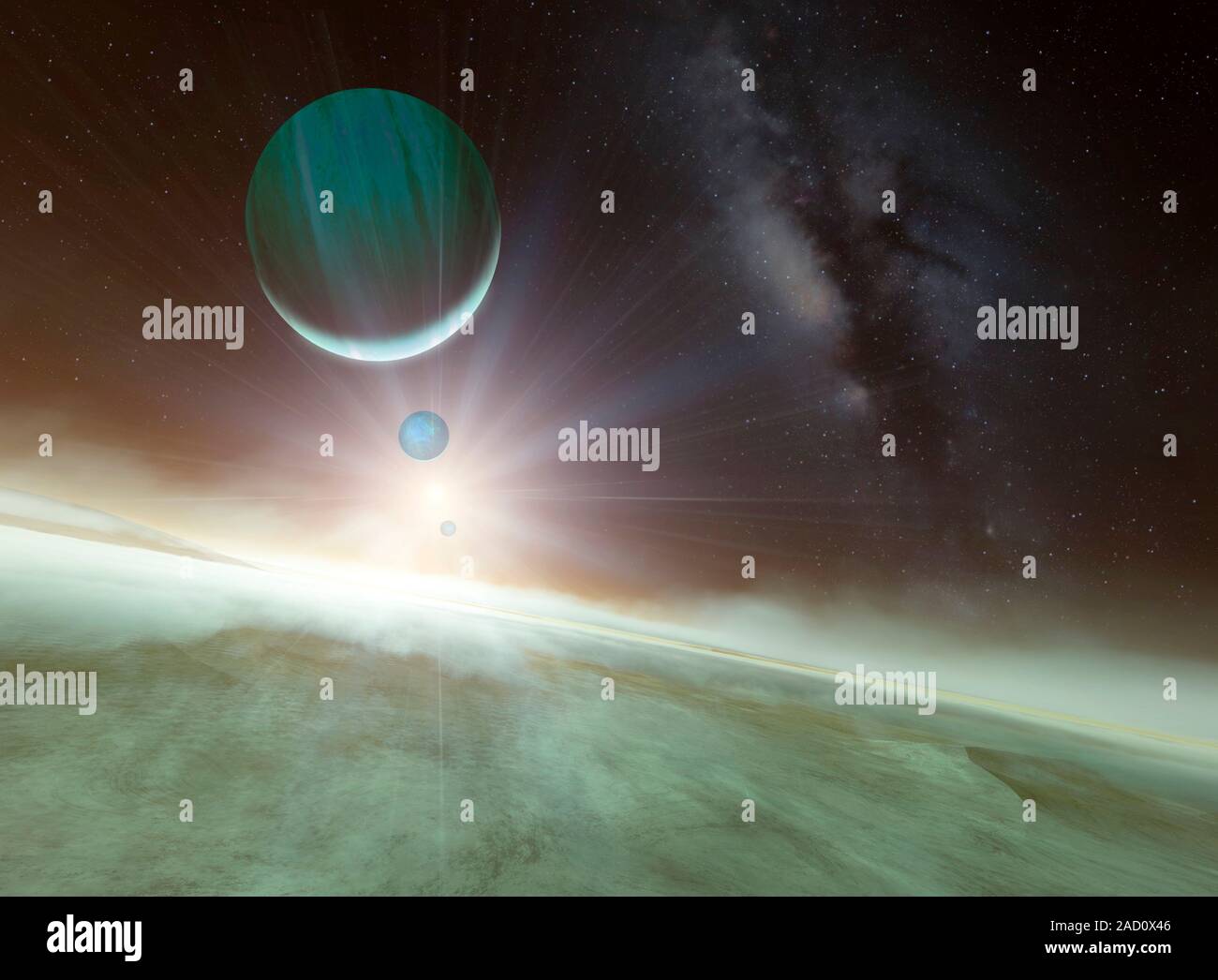Alien planetary system. Computer illustration of a view across the ...